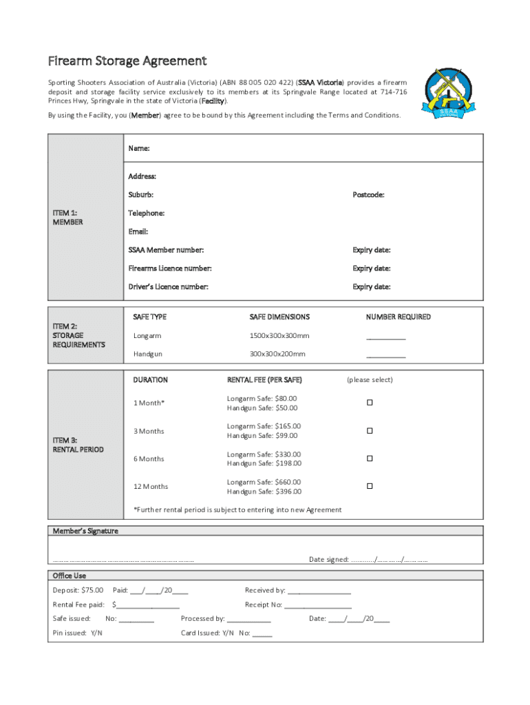 Fillable Online SSAA Victoria - Firearm Storage Service Agreement Fax ...