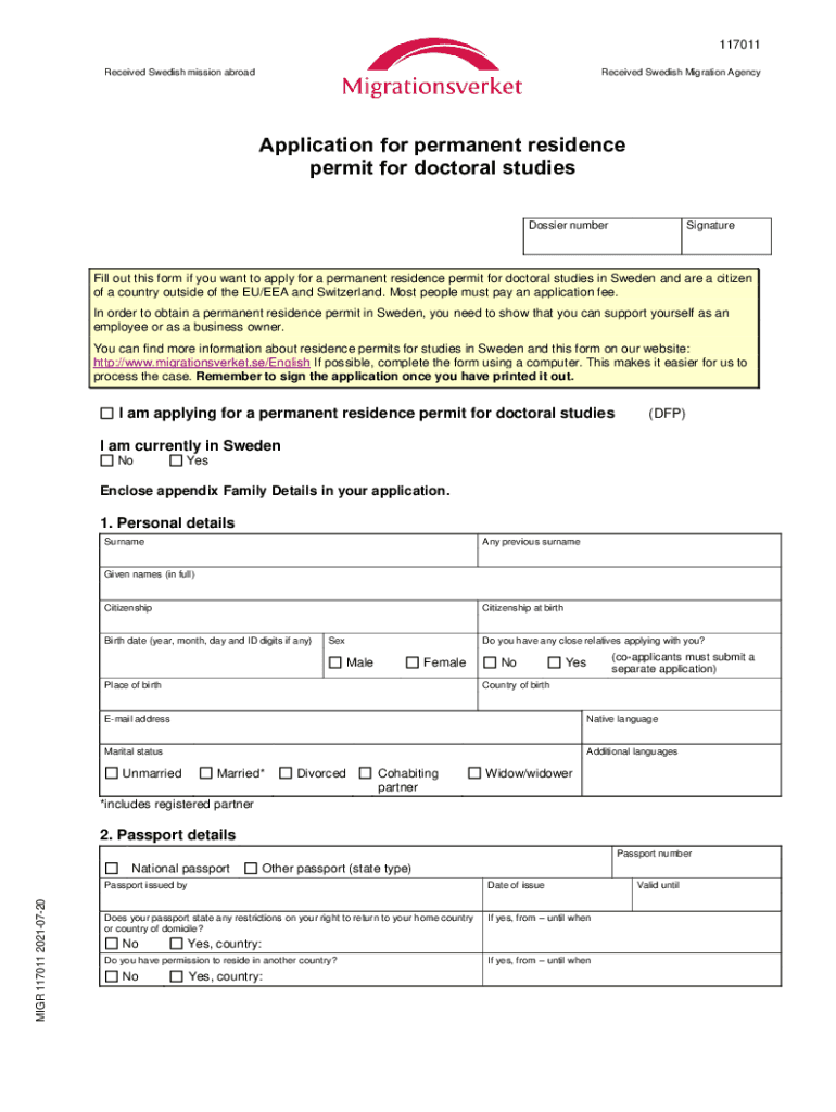 Fillable Online Application for permanent residence permit for doctoral ...