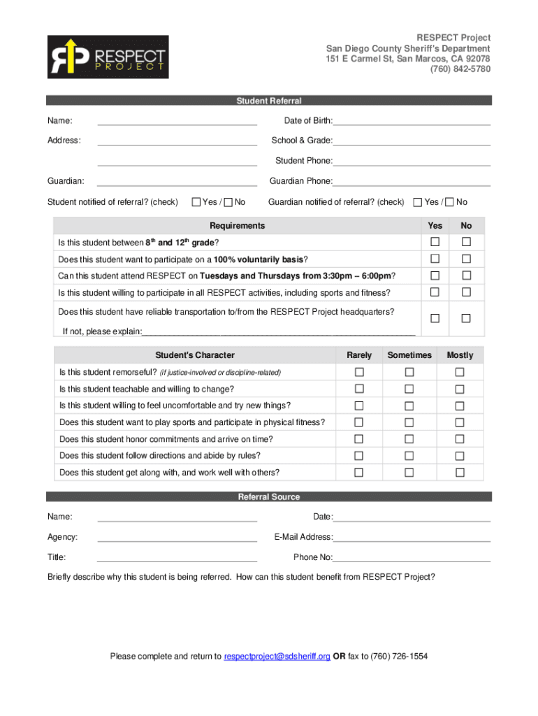 Fillable Online RESPECT Referral Form. RESPECT Project Fax Email Print ...