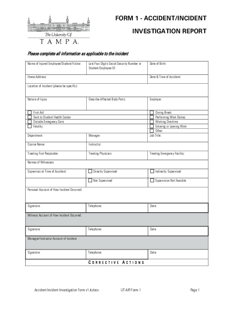 Fillable Online Form 1 - Accident/Incident Investigation Report ...