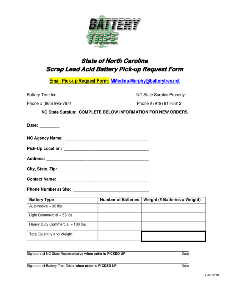 Fillable Online State of North Carolina Scrap Lead Acid Battery Pick-up ...