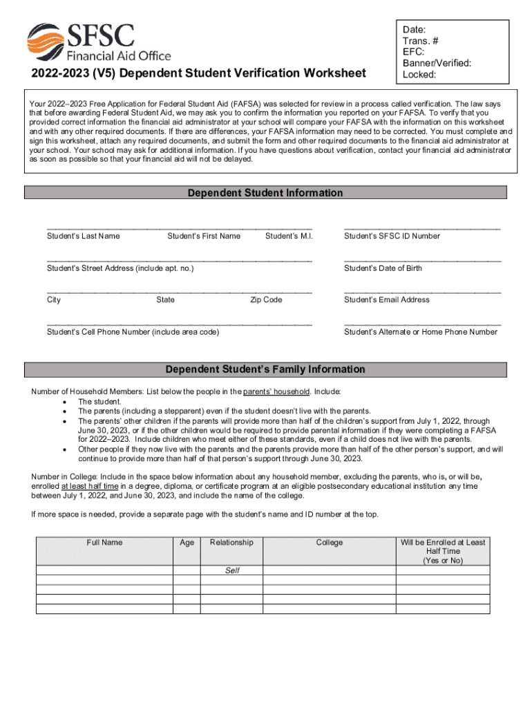 Fillable Online 2022-2023 Verification Worksheet V5 Financial Aid Office Dependent ... Fax Email ...