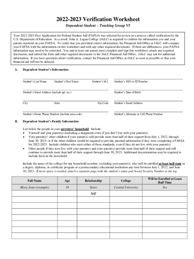 Fillable Online 2022-2023 Verification Worksheets Dependent Student-Tracking Group V5 Fax Email ...