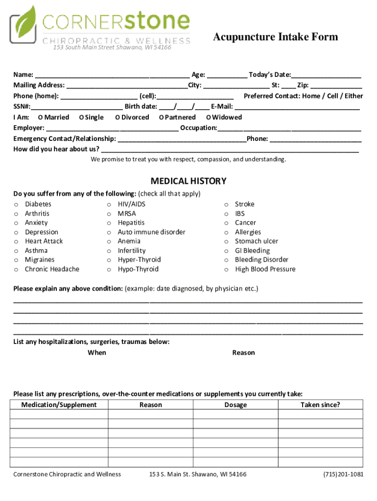 Fillable Online ACUPUNCTURE INTAKE FORM - Chiro In Motion & Holistic ...