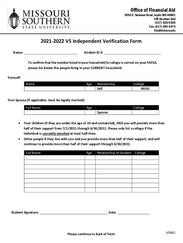 Fillable Online www.mssu.edustudent-affairsfinancial-aid2021-2022 Independent V5 Verification ...