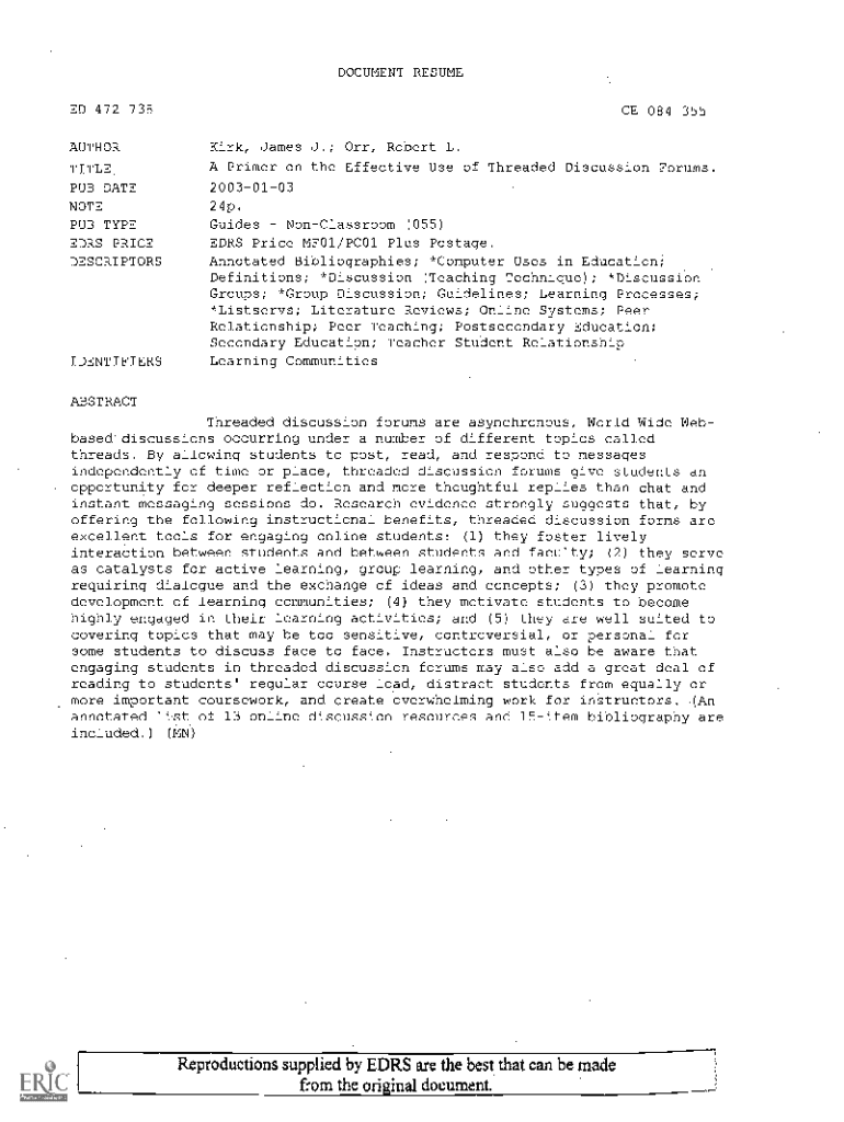 Fillable Online A Primer on the Effective Use of Threaded Discussion ...