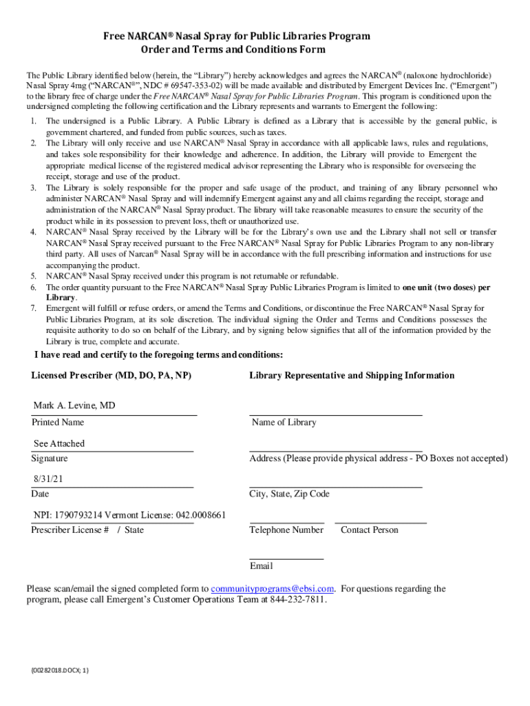 Fillable Online Free Nasal Spray for Public Libraries Program Order and ...