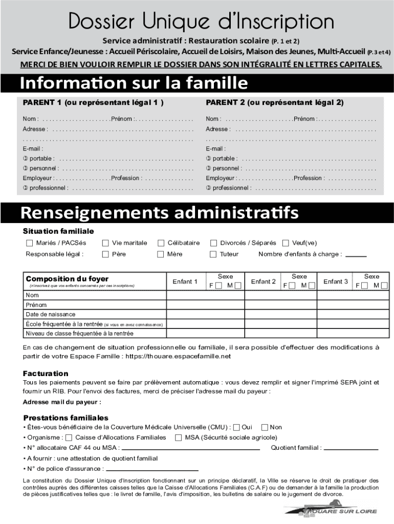 Fillable Online Dossier unique d'inscription - Enfance-jeunesse - Mairie de ... Fax Email Print ...