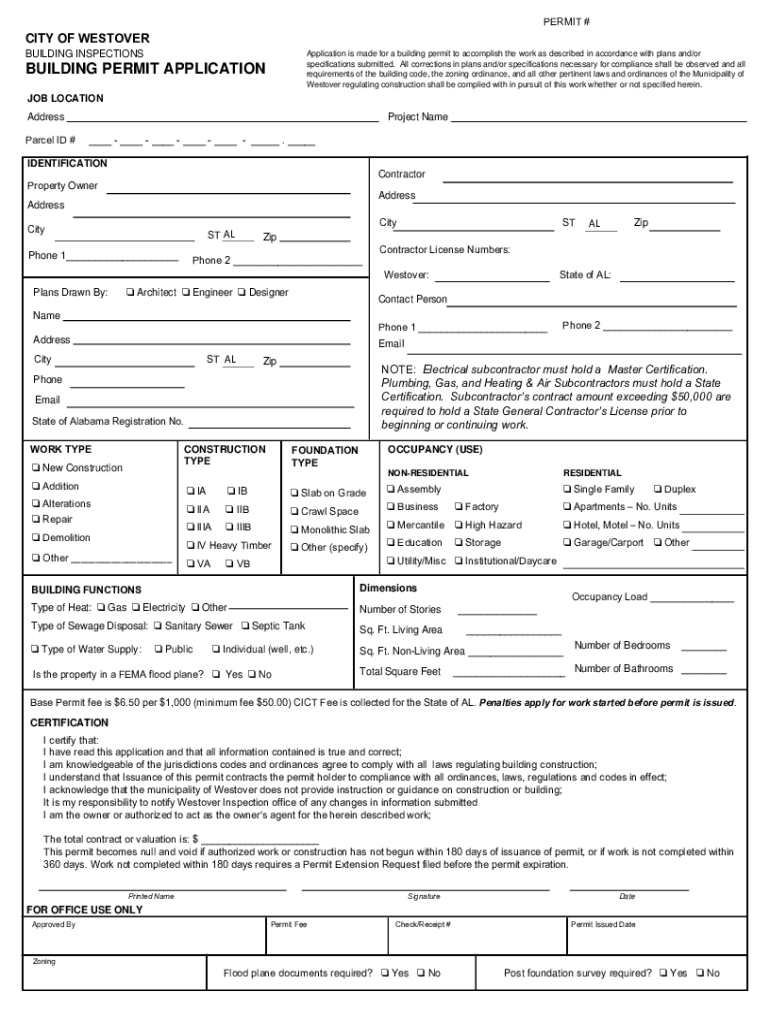 Fillable Online PDF BUILDING PERMIT FORM SET - Westover AL Fax Email ...