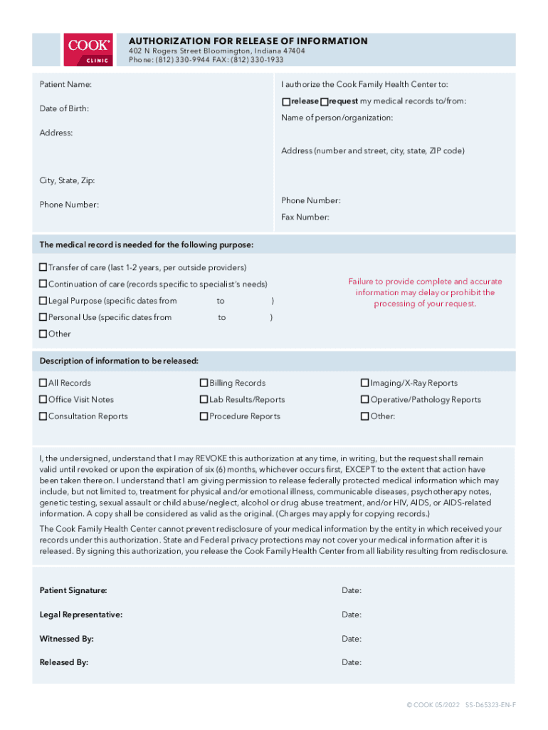 Fillable Online AUTHORIZATION FOR RELEASE - Cook Family Health Center ...