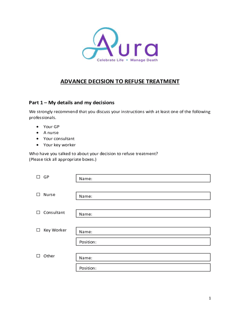 Fillable Online Planning Ahead - Advance decisions to refuse treatment ...