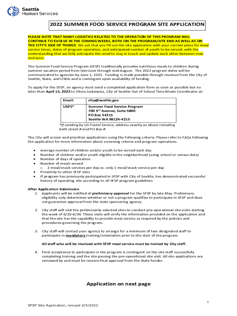 Fillable Online Summer Food Service Program Information - Summer Meal ...