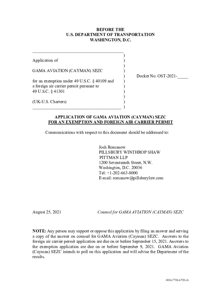 Fillable Online GAMA Aviation Cayman - Application for ExemptionForeign ...