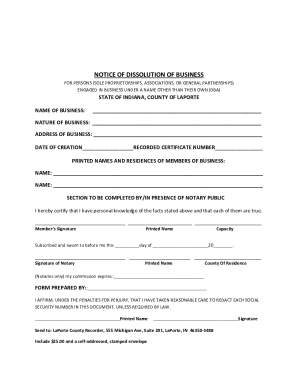 Fillable Online NOTICE OF DISSOLUTION OF BUSINESS Fax Email Print ...