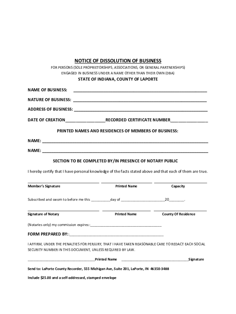 Fillable Online NOTICE OF DISSOLUTION OF BUSINESS Fax Email Print ...