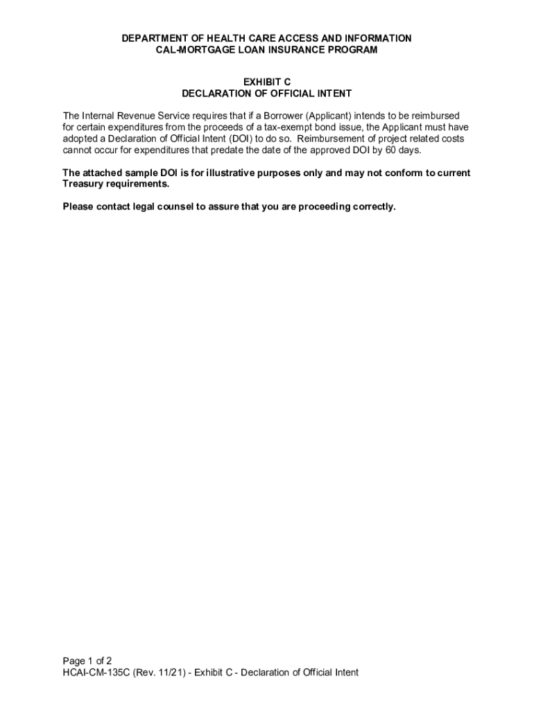 Fillable Online Exhibit C - Declaration of Official Intent - HCAI-CM ...