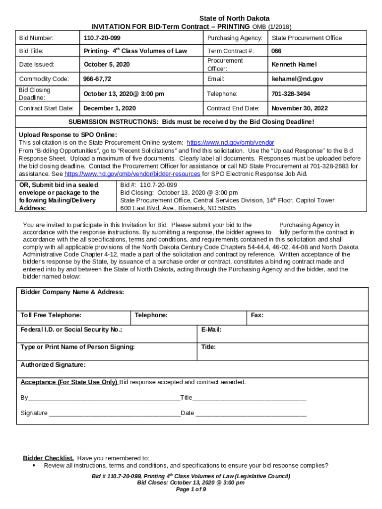 INVITATION FOR BID - Printing Purchasing Agency: State of North Dakota ...