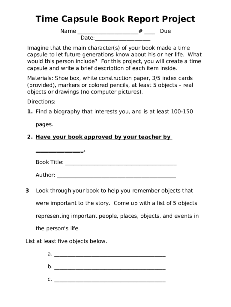 Time Capsule Book Report Project - Studylib Doc Template | pdfFiller