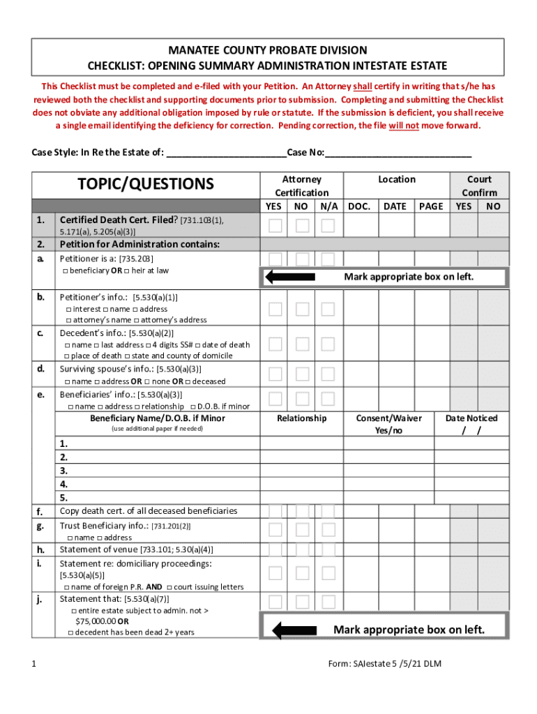 Fillable Online Probate Checklists - Florida CourtsProbate Checklists - Florida CourtsProbate ...