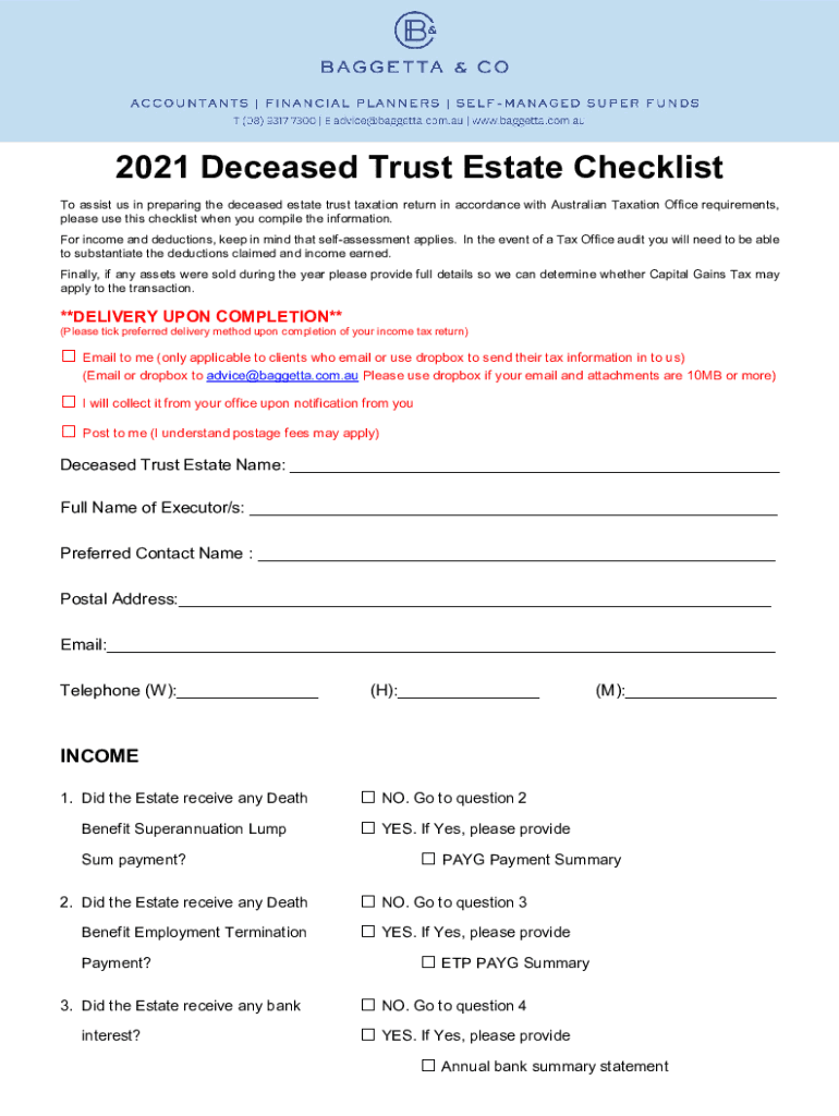 Fillable Online Trust Administration Checklist for Trustee of a Living ...