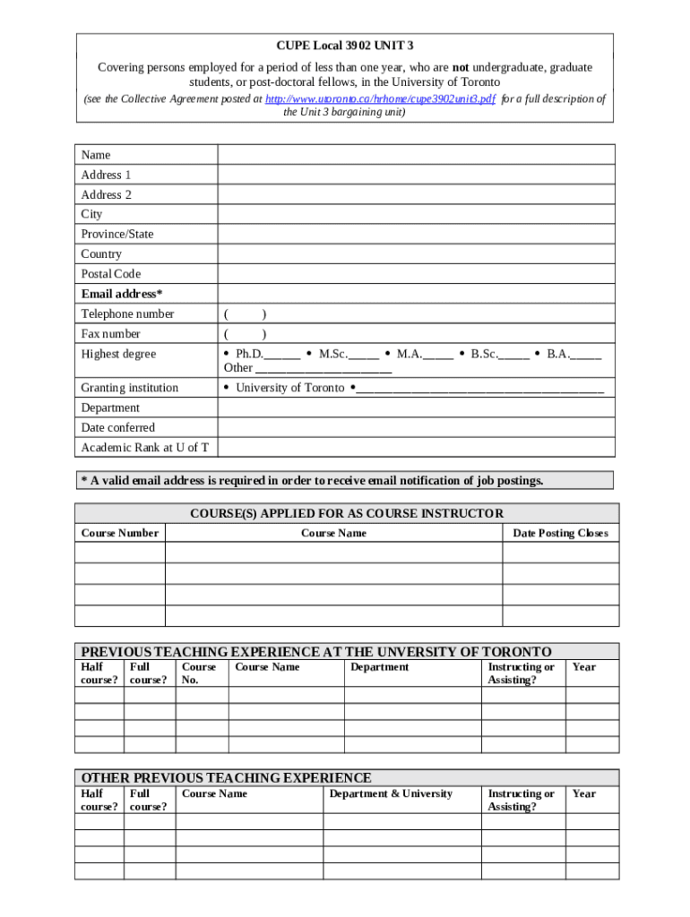 Cupe 3902 Unit 3 Application - US Legal s Doc Template | pdfFiller