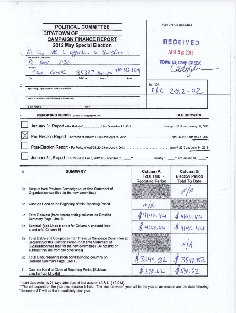 Fillable Online Fillable Online Pre-Election Report - Campaign Finance ...