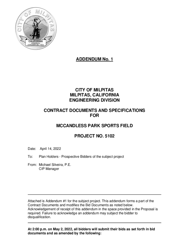 Fillable Online ADDENDUM No. 1 CITY OF MILPITAS CONTRACT DOCUMENTS AND SPECIFICATIONS Fax Email ...