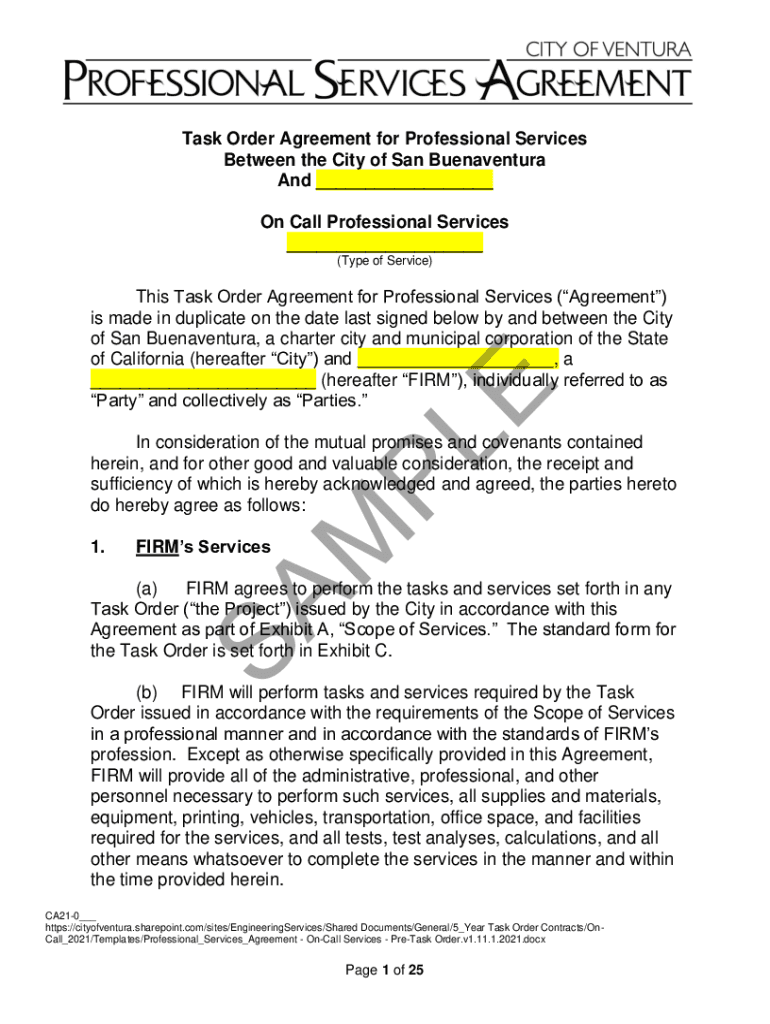 Fillable Online Task Order Agreement for Professional Services Between ...