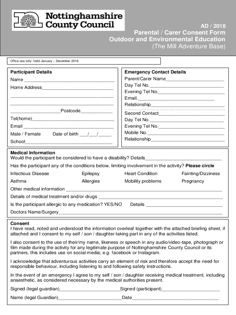 Fillable Online Fillable Online Parental / Carer Consent Form Outdoor ...