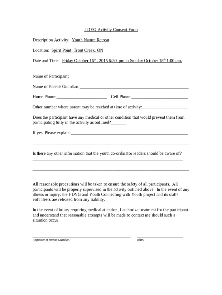 Youth Connecting with Youth Activity Consent Doc Template | pdfFiller