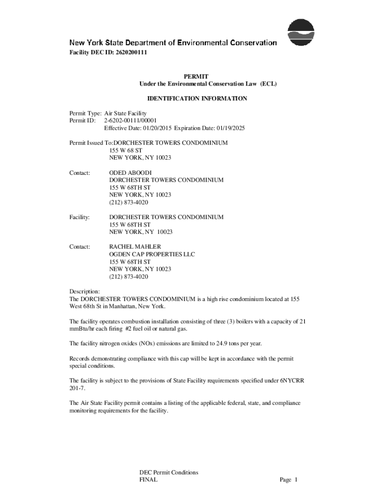 Fillable Online Facility DEC ID: 2620200111 DEC Permit Conditions FINAL ...