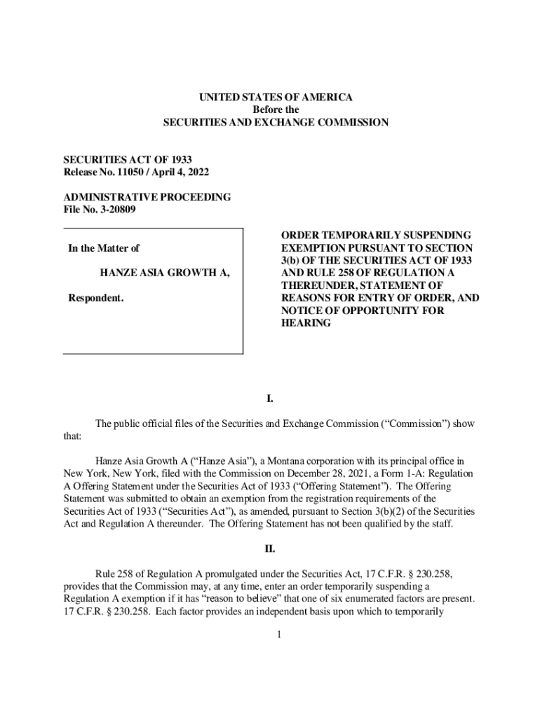 Fillable Online Hanze Asia Growth A. Order Temporarily Suspending ...