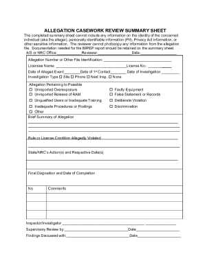 Fillable Online Allegation Casework Review Summary Sheet Fax Email ...