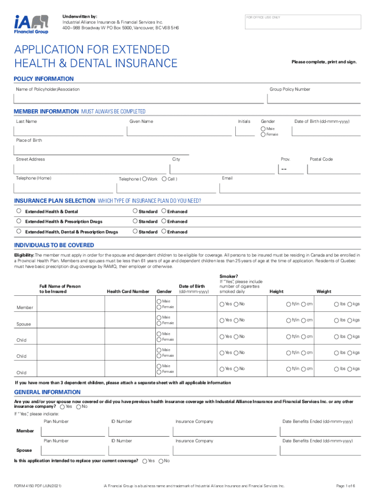 Fillable Online Application for extended health and dental insurance ...