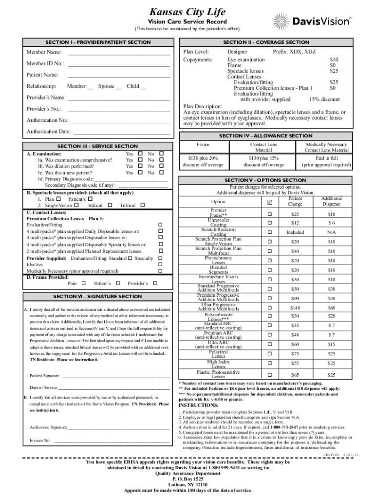 Fillable Online Fillable Online Kansas City Life - Davis Vision Fax ...