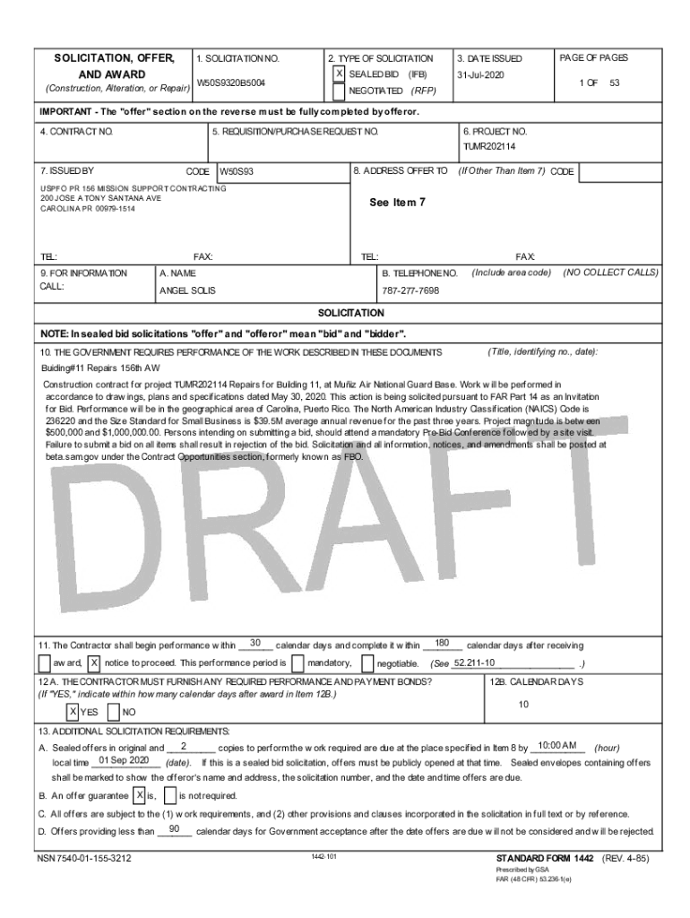 Fillable Online SOLICITATION, OFFER, AND AWARD (Construction ...