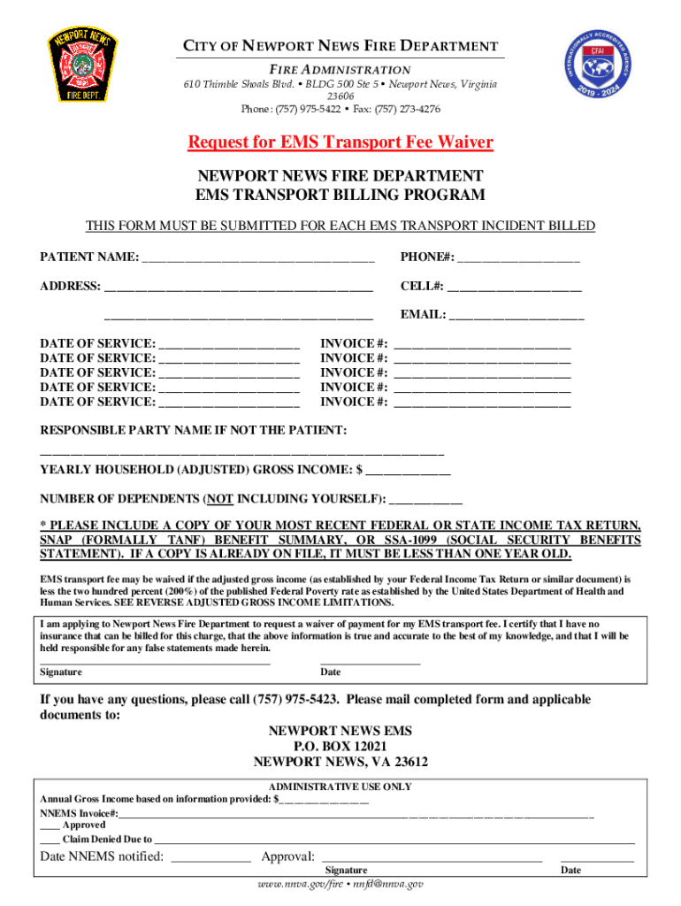 Fillable Online Request for EMS Transport Fee Waiver Fax Email Print ...