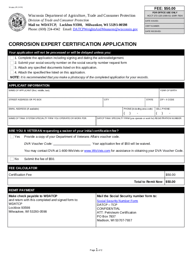 Corrosion Expert Certification Application - datcp wi Doc Template | pdfFiller