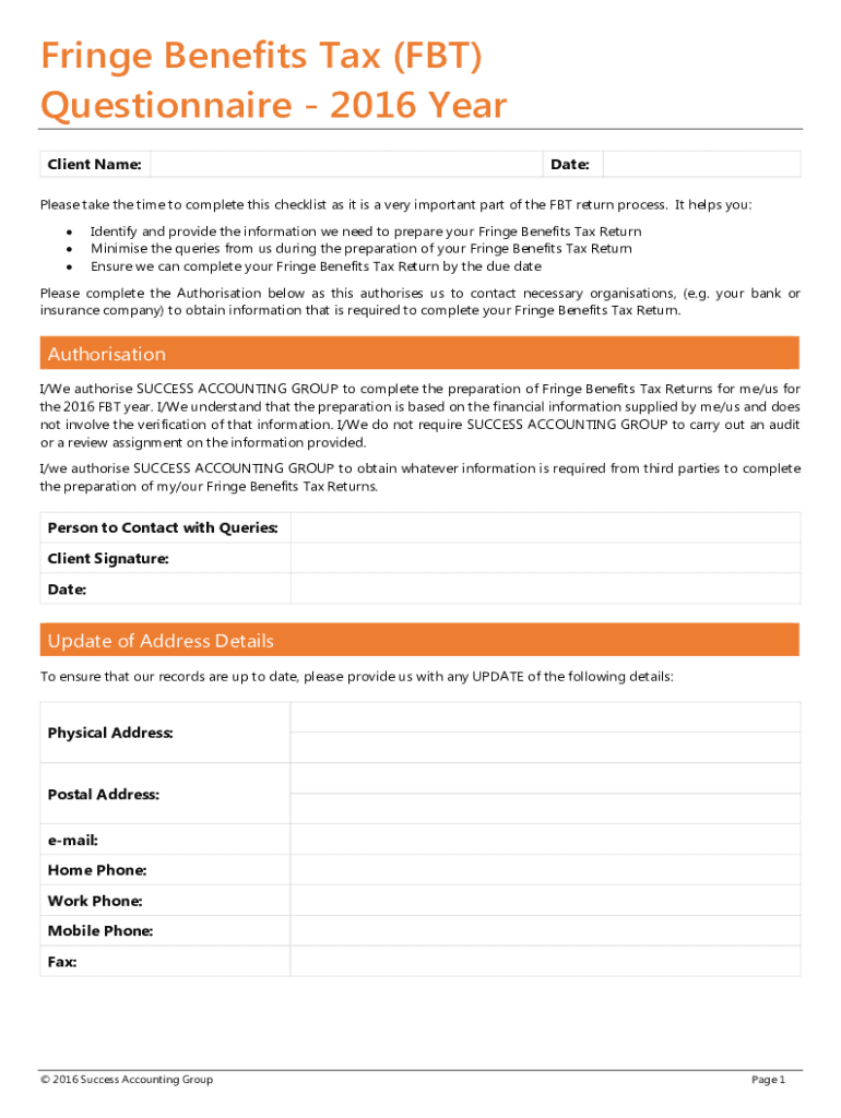 Fillable Online Fringe Benefits Tax (FBT) 2017 Questionnaire - Success ...