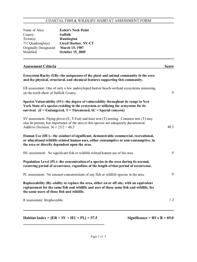 Fillable Online dos ny COASTAL FISH & WILDLIFE HABITAT ASSESSMENT FORM ...