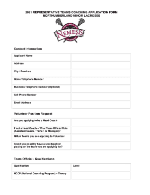 Fillable Online 2011 REPRESENTATIVE TEAMS COACHING APPLICATION FORM Fax ...