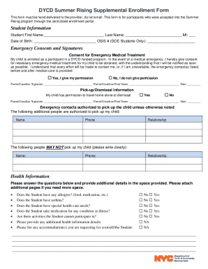 Fillable Online DYCD Summer Rising Supplemental Enrollment Form Fax ...