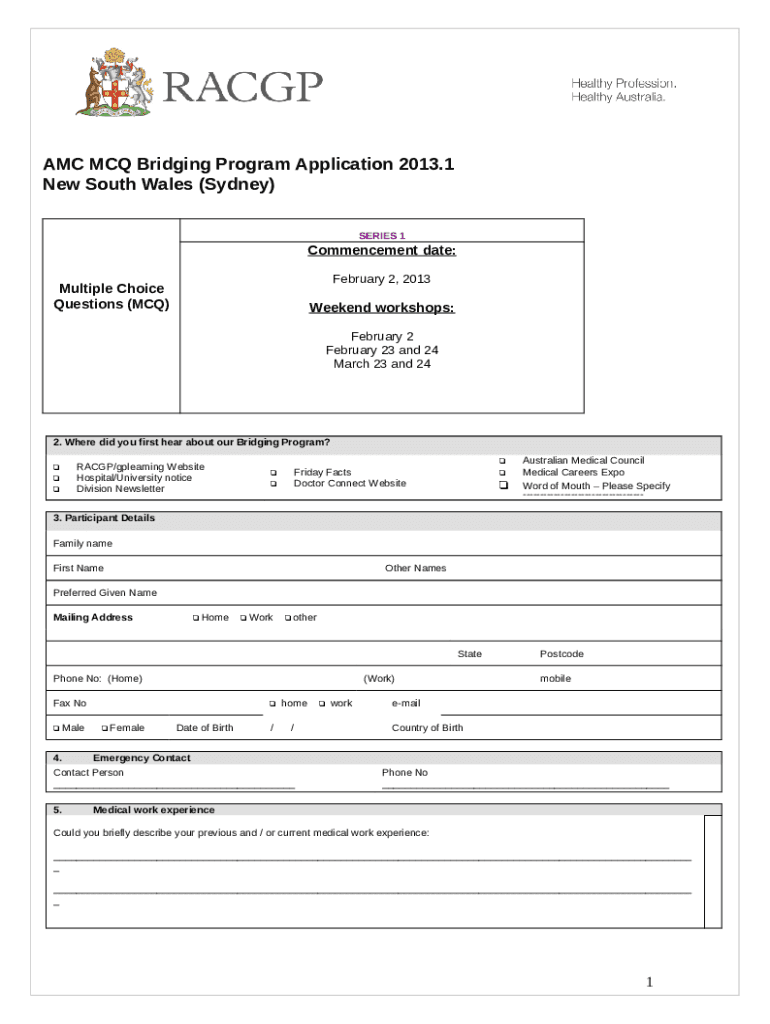 www.racgp.org.audownloadDocumentsAMC Clinical Bridging Course Application Doc Template | pdfFiller