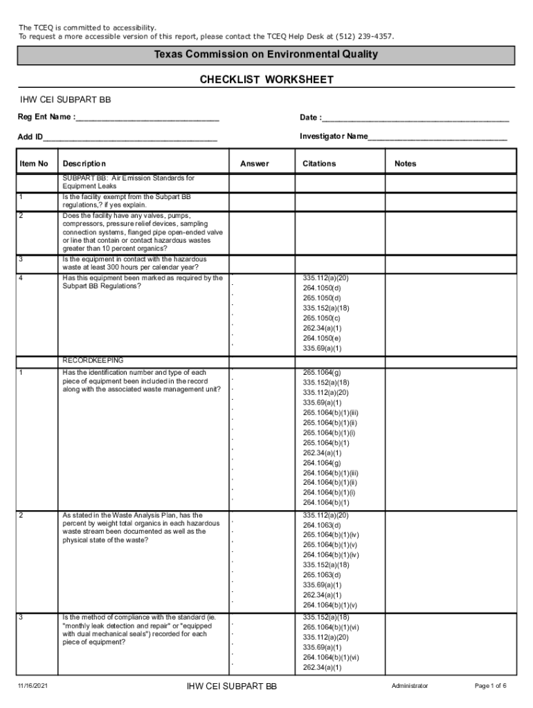 Fillable Online IHW CEI Subpart BB Investigation Checklist Worksheet ...