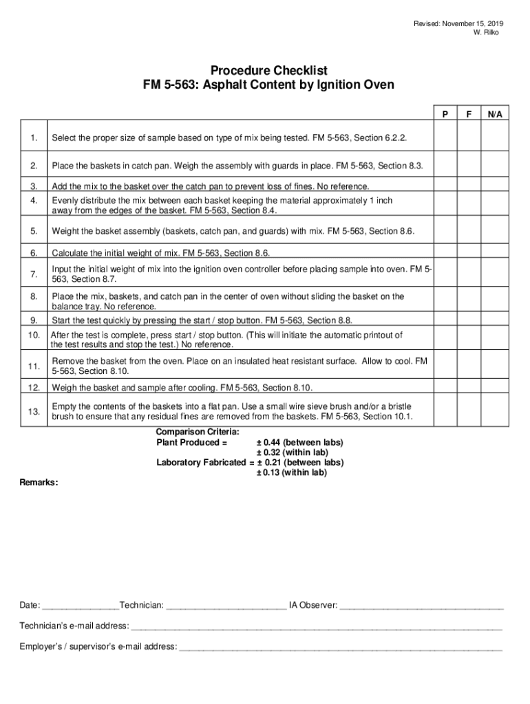 Fillable Online Procedure Checklist FM 5-563: Asphalt Content by ...