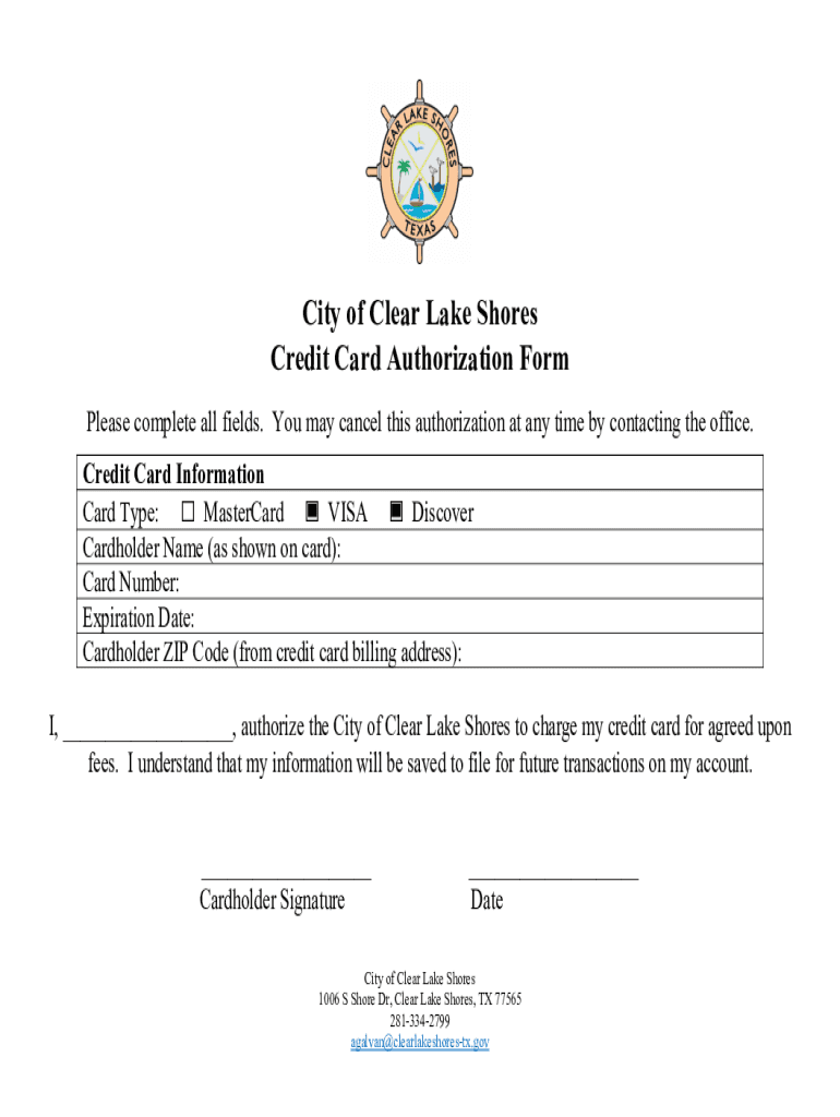 Fillable Online City of Clear Lake Shores Credit Card Authorization ...