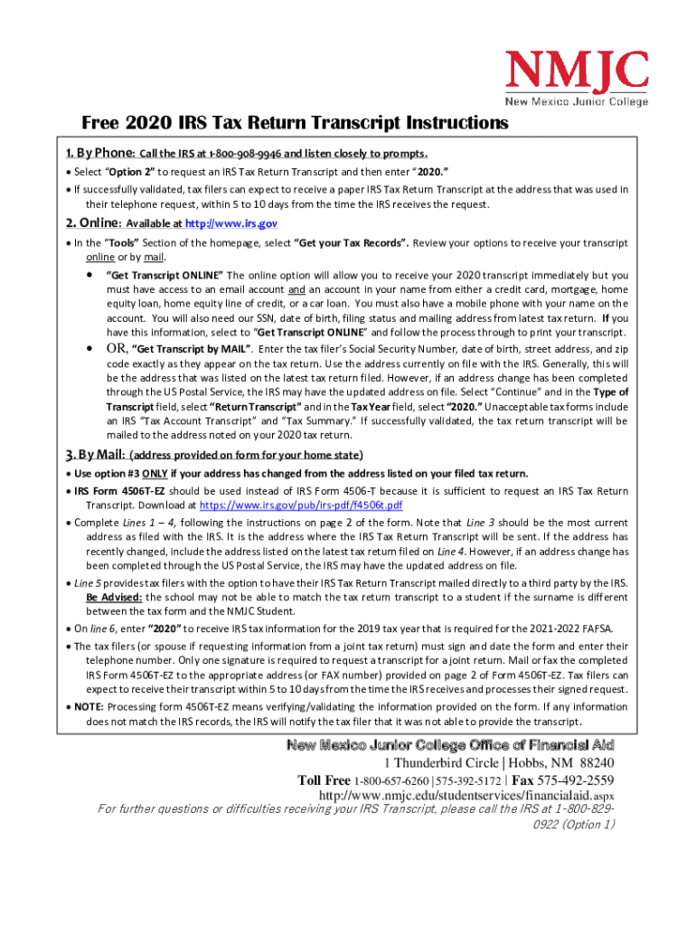 Fillable Online 2020-21 Instructions for Requesting a Federal Tax ...