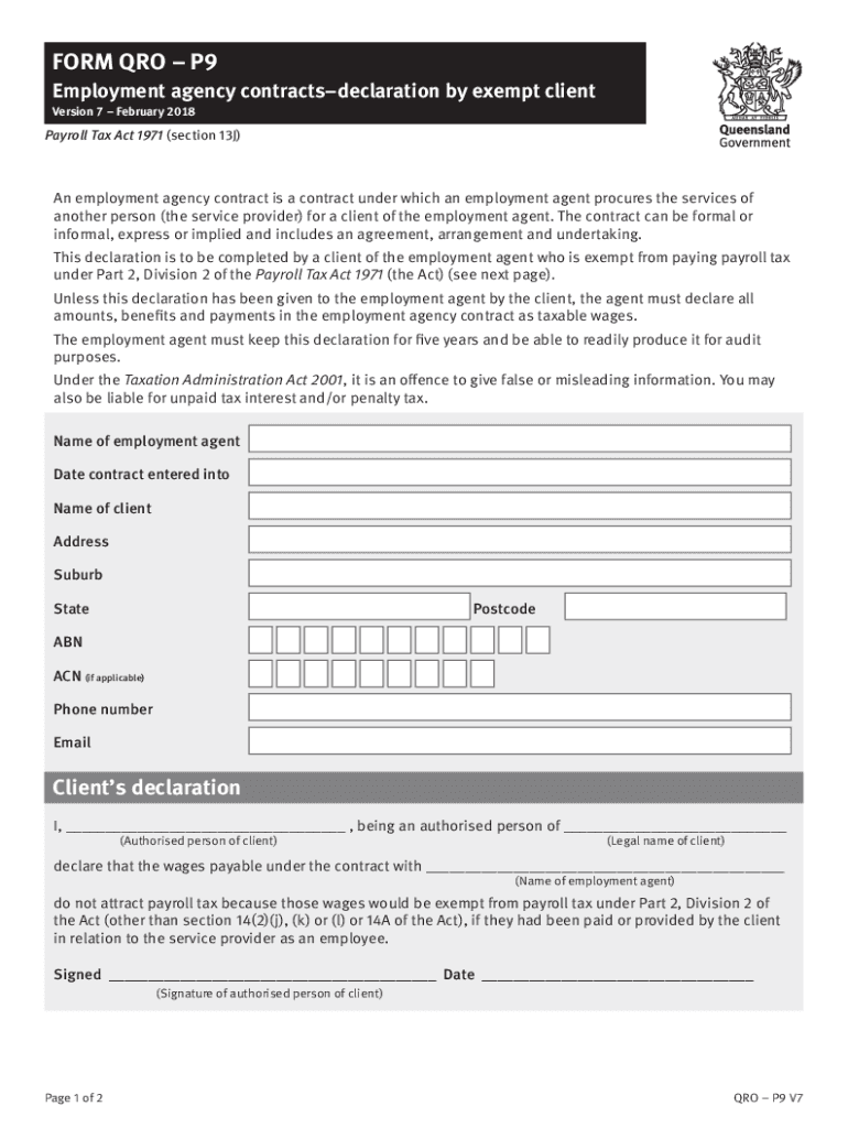 Fillable Online Form P9 Employment agency contractsdeclaration by ...