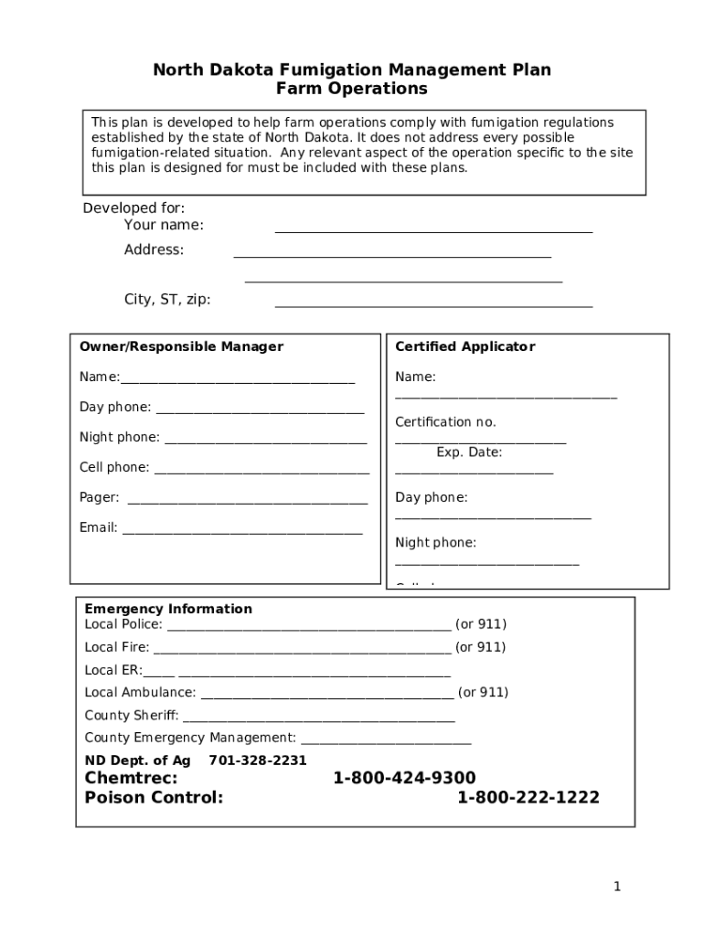 North Dakota Fumigation Management Plan Doc Template | pdfFiller