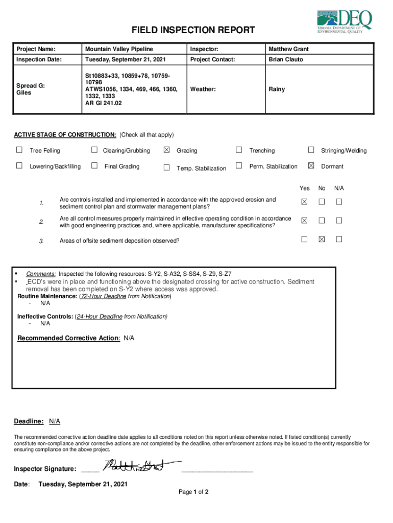 Fillable Online FIELD INSPECTION REPORT - deq.virginia.gov Fax Email ...